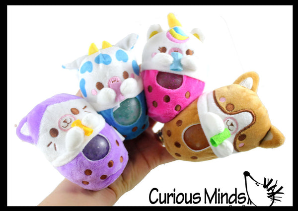 Plush Animals Drinking Bubble Tea Drink Water Bead Filled Squeeze Stre ...